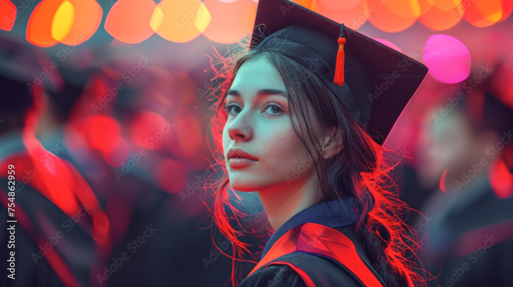 Female graduate in an academic gown and cap stands, thoughtfully ...
