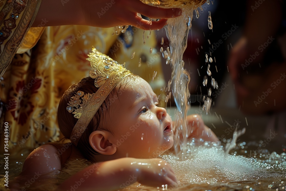 a cute small baby or toddler getting baptized the orthodox way swimming ...