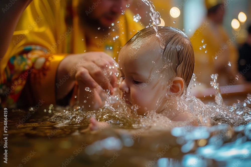 a cute small baby or toddler getting baptized the orthodox way swimming ...