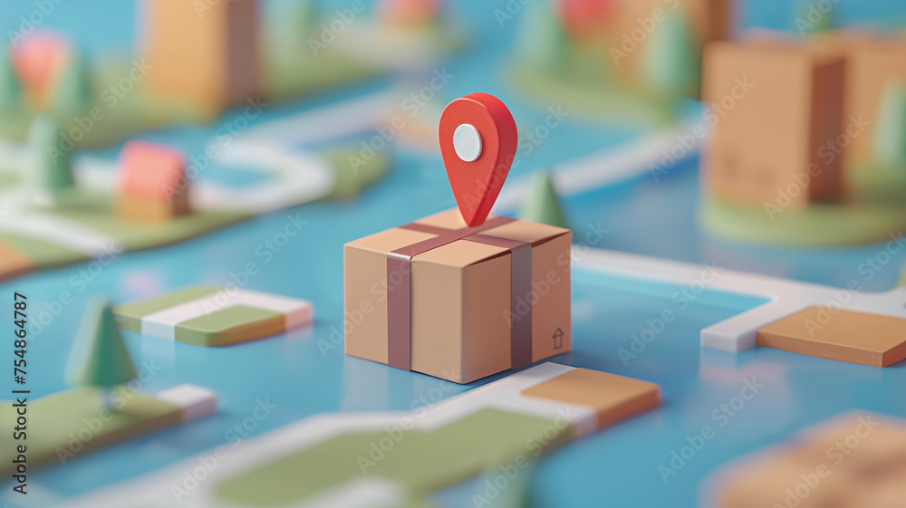 A whimsical 3D illustration of a package marked by a red location pin ...
