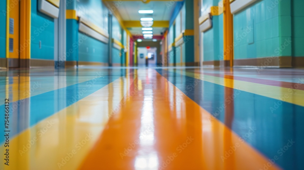 Hospital floor marked with guiding lines leading patients and visitors ...
