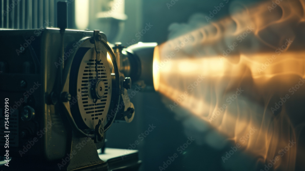 An old-fashioned projector emits a beam of light, illuminating the ...