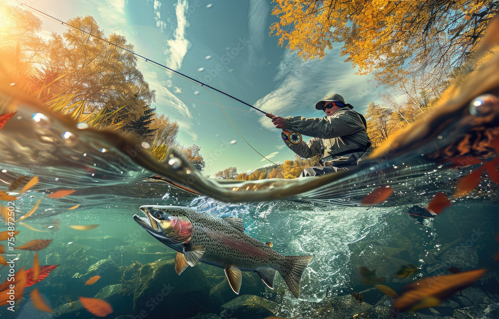 Photo of a fly fisherman with his fishing rod, an underwater view from ...
