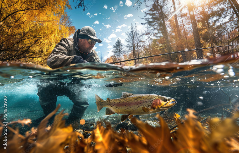 Photo of a fly fisherman with his fishing rod, an underwater view from ...