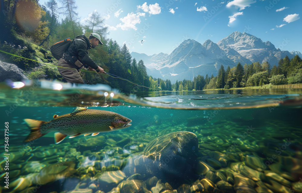 Photo of a fly fisherman with his fishing rod, an underwater view from ...