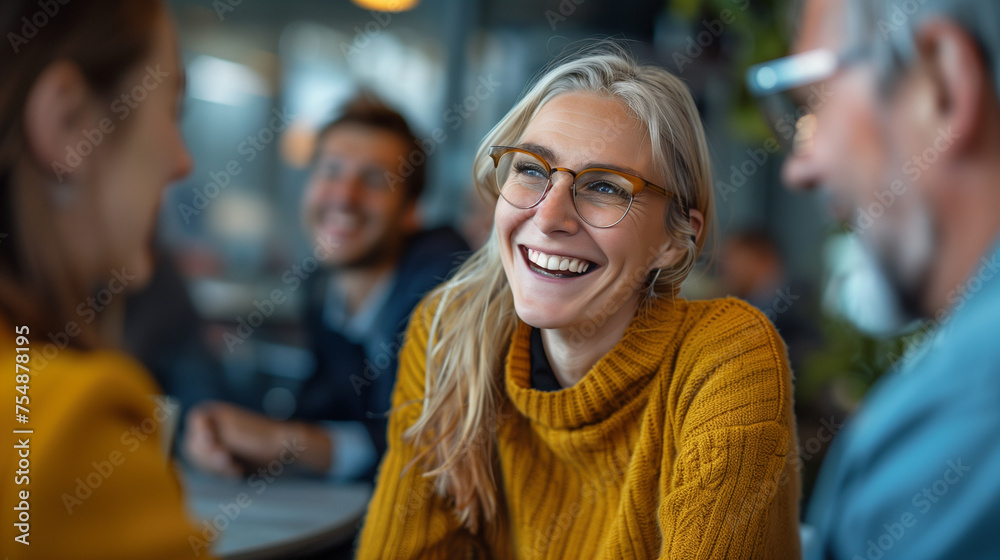 Happy candid multi-age colleagues smiling in a workplace meeting ...