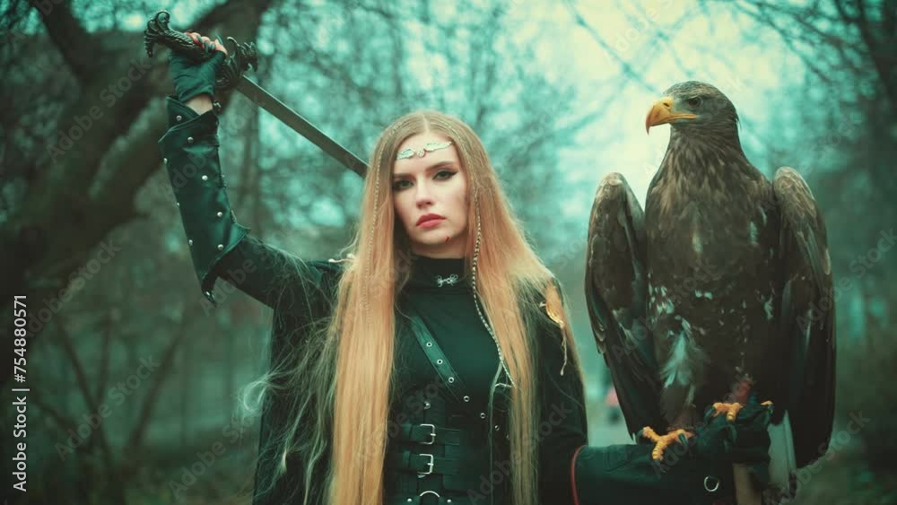 art portrait fantasy woman holding white-tailed eagle bird, sword in ...