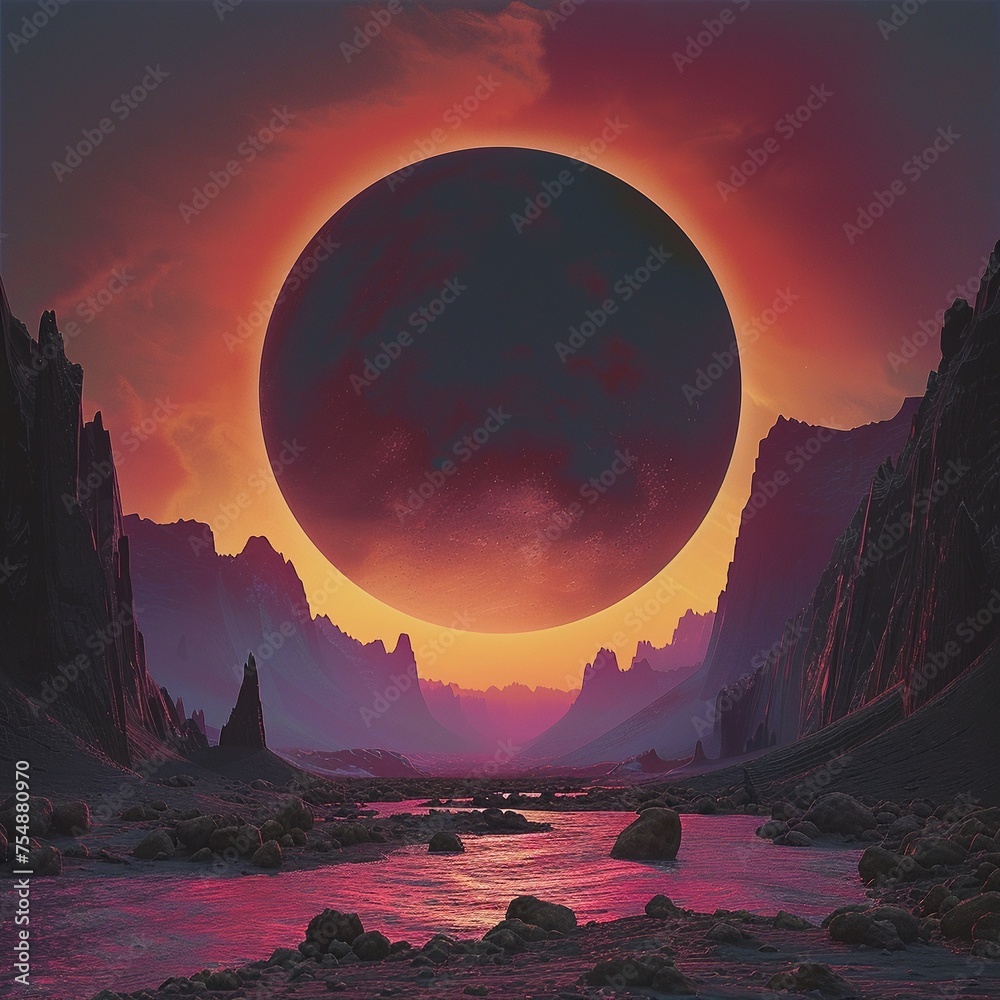 Illuminated by eclipse neon gradients, surreal landscapes captivate ...