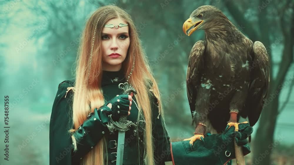 art portrait fantasy woman holding white-tailed eagle bird, sword in ...