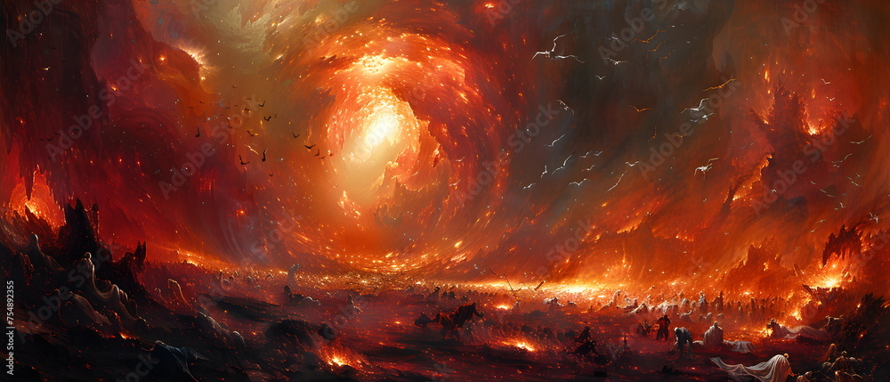 inferno hell gate to entrance depth hell, Fiery Sunset Sky, people ...