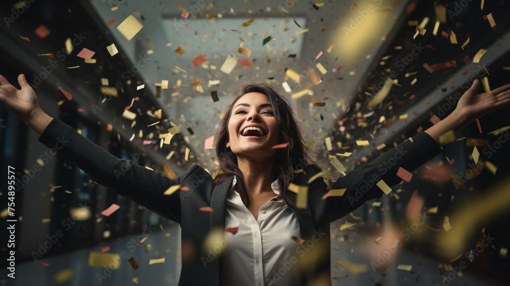 Female employee is happy and celebrates business success Reflects ...