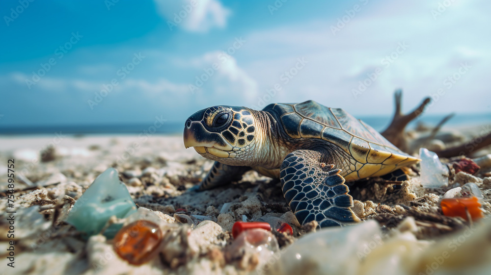 Baby sea turtles crawl along trash-strewn beaches. Stock Illustration ...