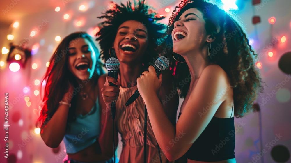 Singing in the Rain Three Women Laughing and Singing into Microphones ...