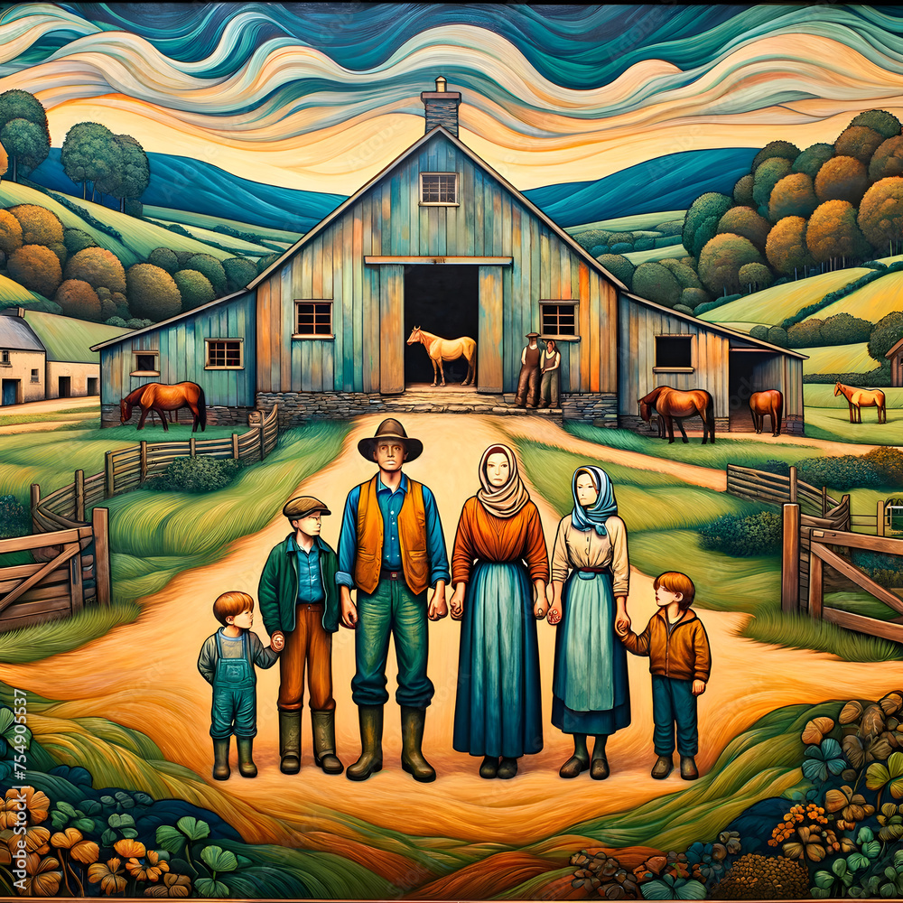 Envision a scene depicting an Irish farmer, his wife, and their ...