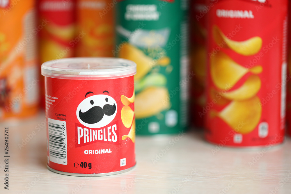 KYIV, UKRAINE - FEBRUARY 27, 2024 Pringles original potato chips on ...