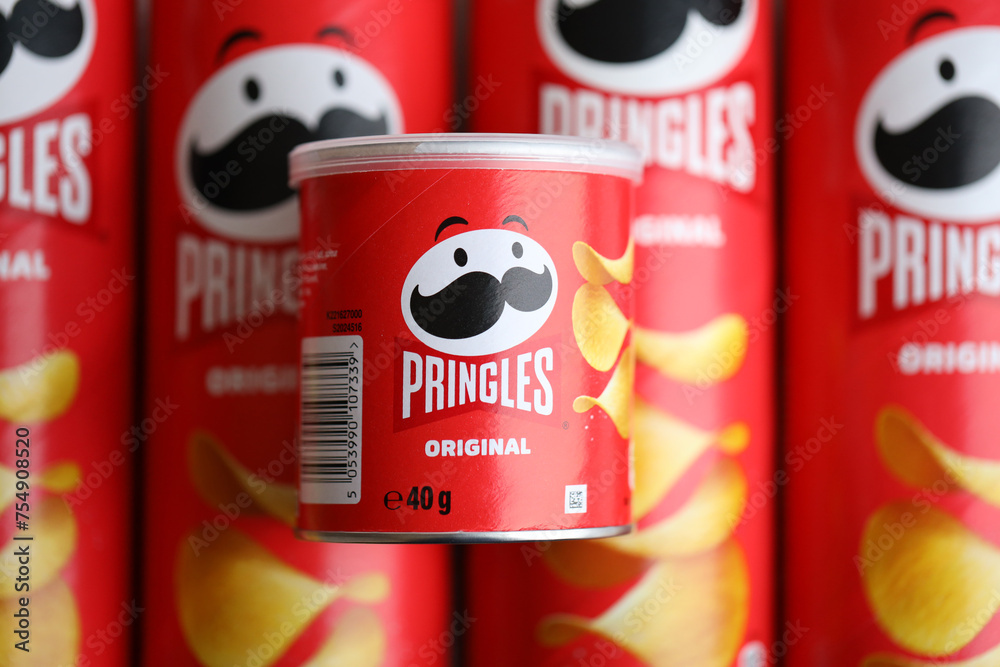 KYIV, UKRAINE - FEBRUARY 27, 2024 Pringles original potato chips on ...