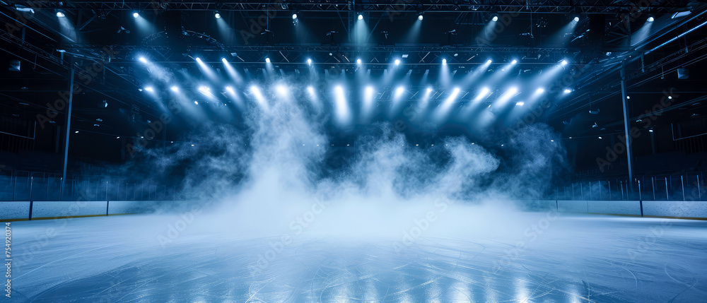 Blue Ice Rink Background. Professional Arena illuminated neon lights ...
