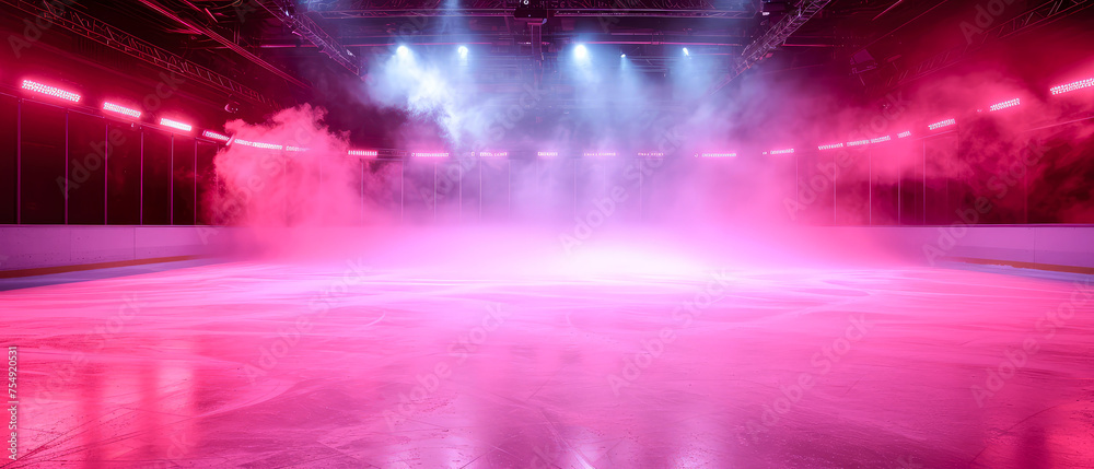 Ice Rink Background. Professional Arena illuminated blue, pink neon ...