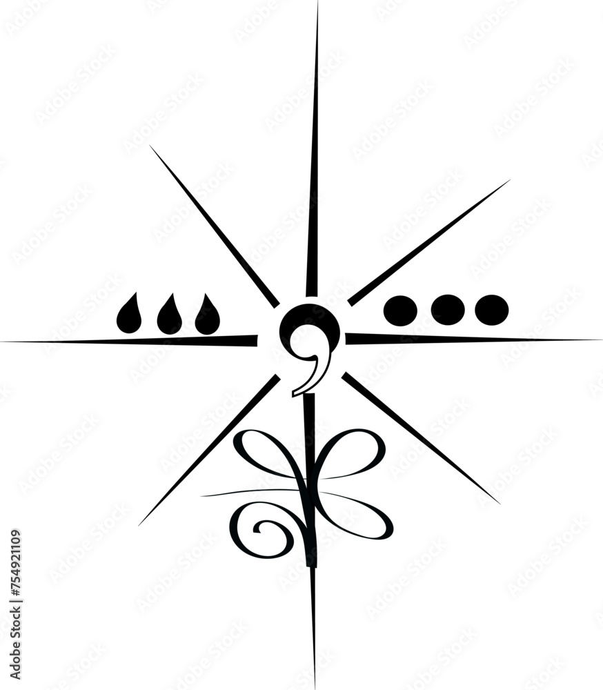 Star, Sun, three dots, three tears, a semi colon and a Sanskrit ...