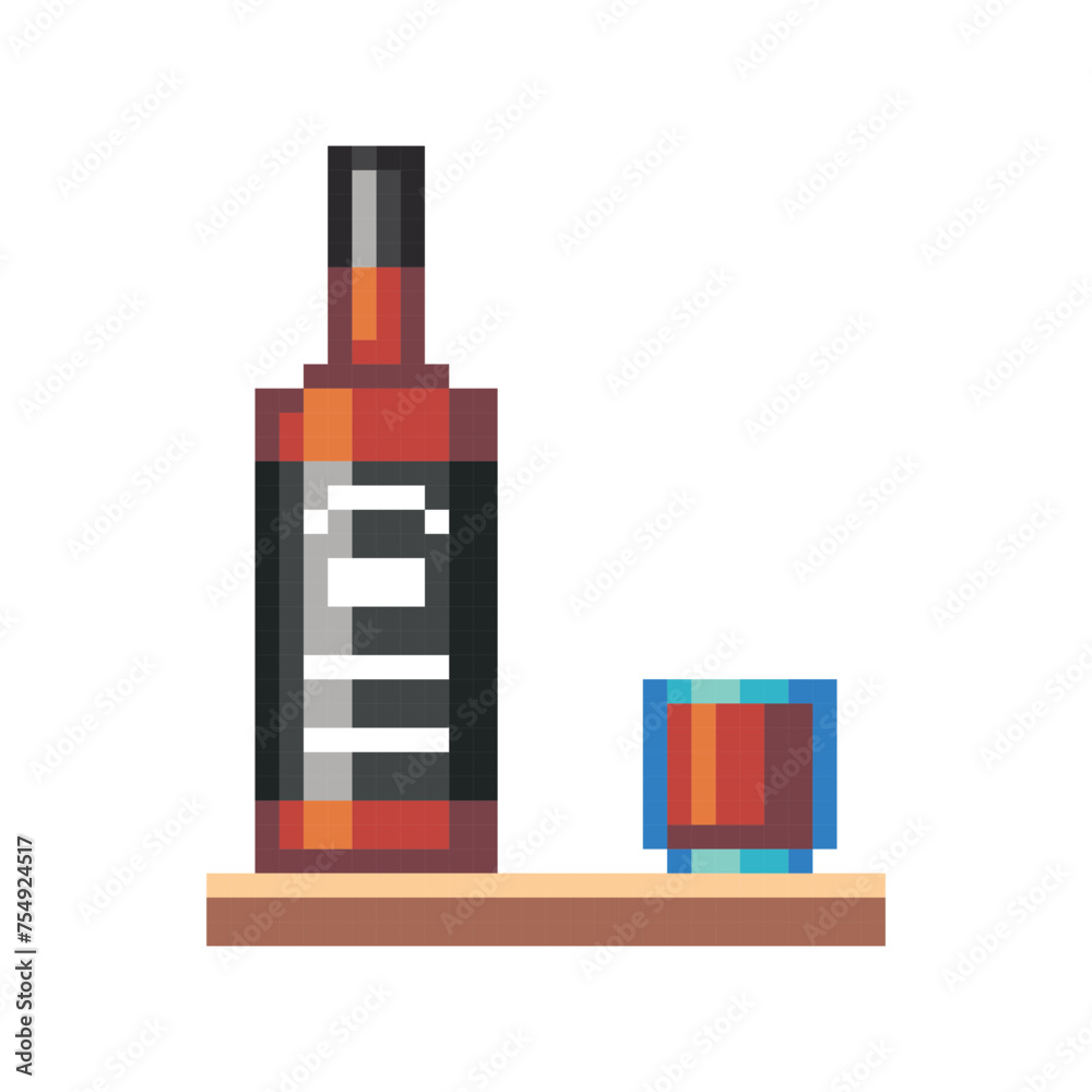 Pixel icons of a whiskey bottle with alcohol and a shot glass on a ...