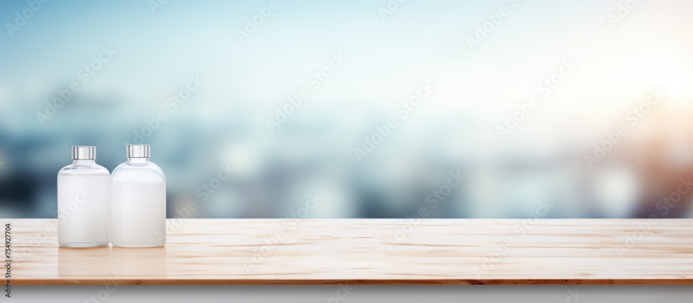 Two bottles of lotion are placed symmetrically on top of a dark wooden ...