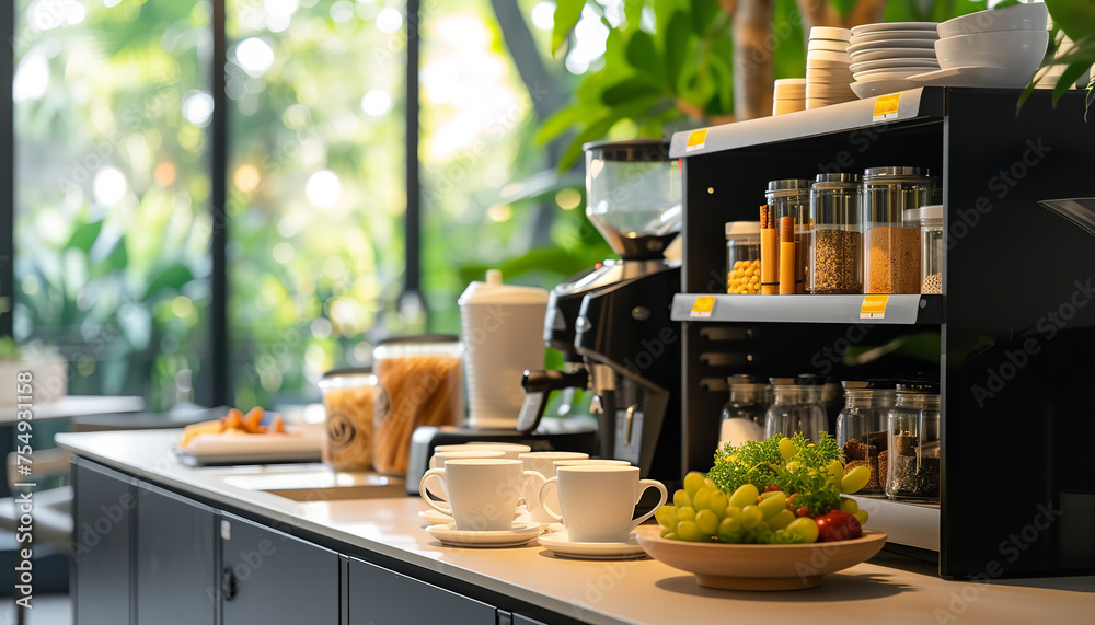 An inviting coffee corner is set up in an open space office - stocked ...