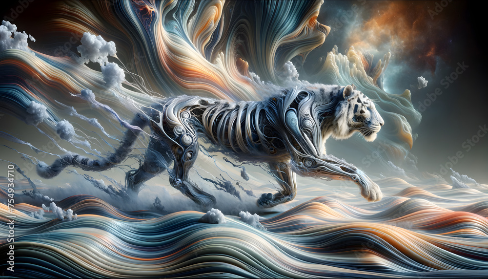 envision a surreal artwork called 'Fluid Exo Tiger Dream' a tiger with ...