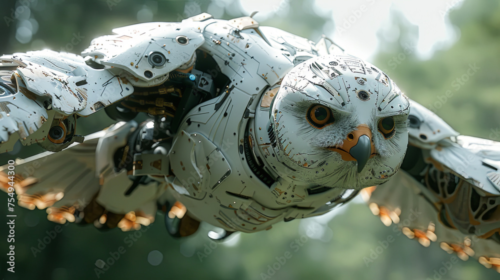 A highly detailed mechanical robotic falcon with intricate gears and ...