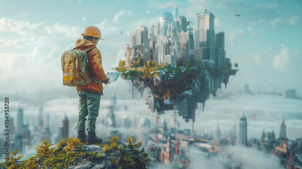 Kid architect designing a floating city 3D render. Kid imagination and ...
