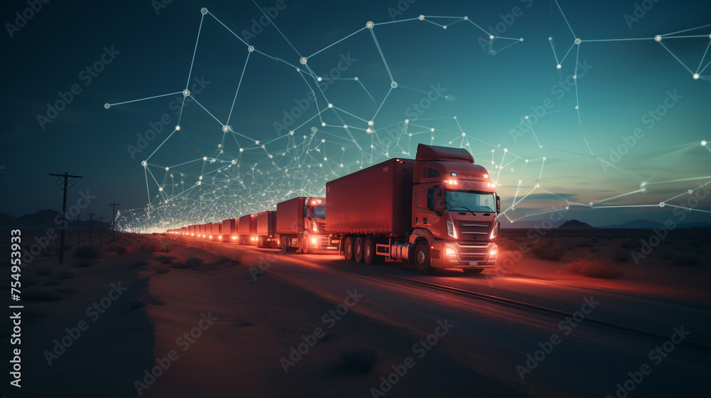 Truck convoy on a desert highway with IoT and connectivity symbols 3d ...