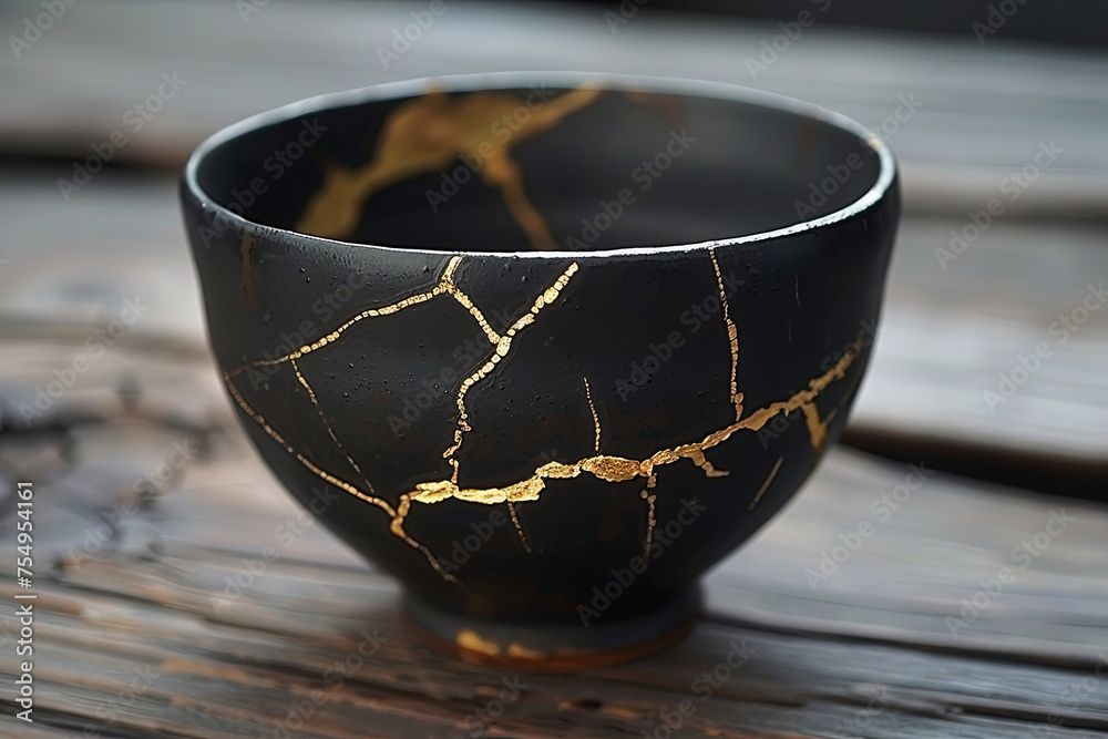 Kintsugi raku tea bowl. Gold cracks restoration on old Japanese pottery ...