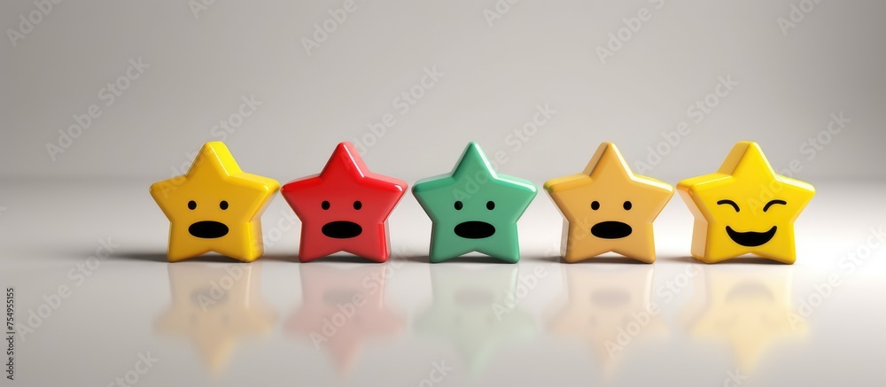A row of five smiley face stars, made of plastic, is displayed in an ...