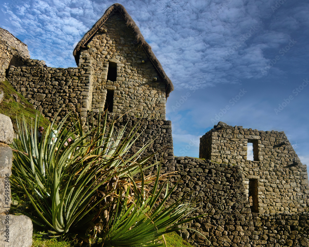 Details of stone houses in the famous archaeological site of Machu ...