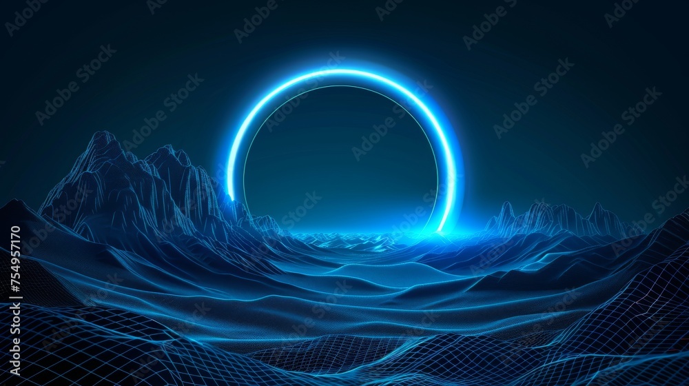 Neo tech background with neon circle on wireframe landscape. Modern ...