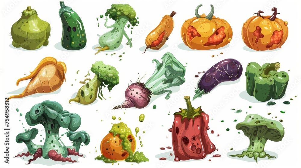 Vegetables with rot and mold. Cartoon modern illustration of spoiled ...