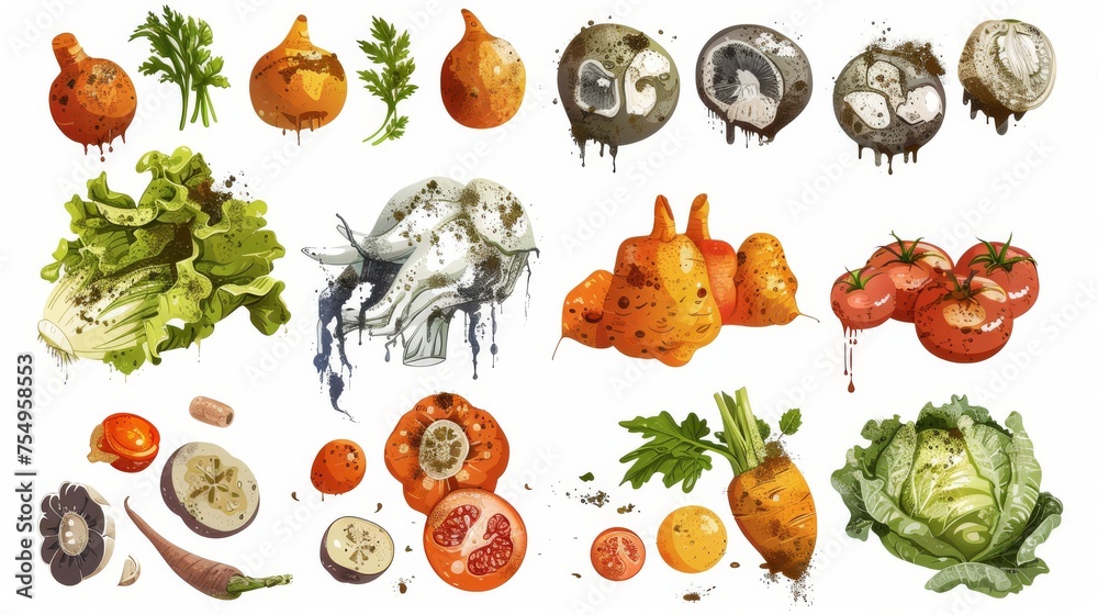 An illustration of rotten food contaminated with mold and rot. Cartoon ...