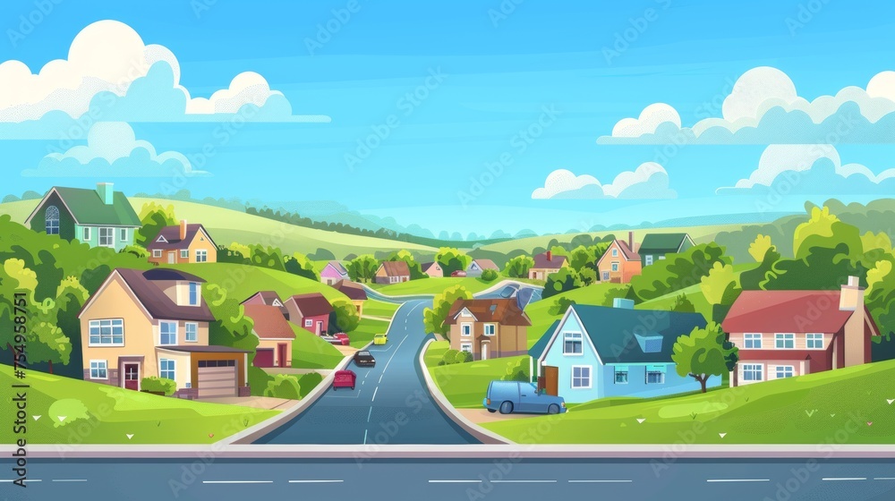Landscape with family houses lining up and cars on the road, set ...