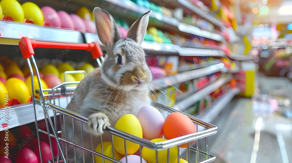 Cute realistic Easter bunny in shopping cart goes shopping in a ...