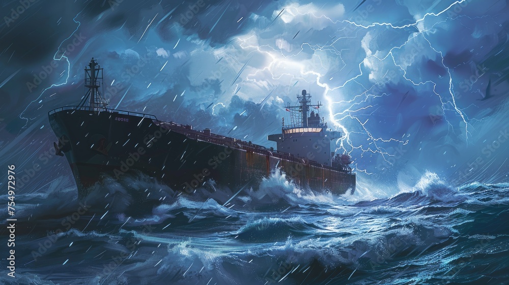 Cargo ship battling fierce storm - A dramatic scene depicts a cargo ...