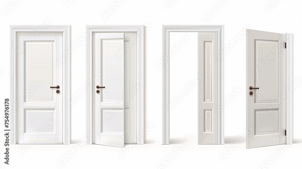 Wooden door with handle and frame in open, closed, and ajar positions ...