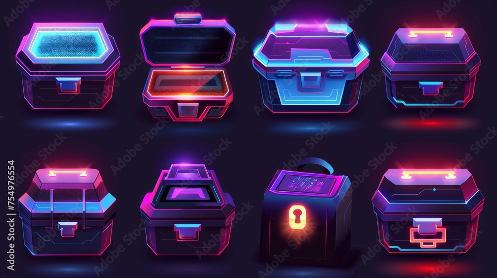 Future technology chests open and closed. Icons of sci-fi equipment and ...