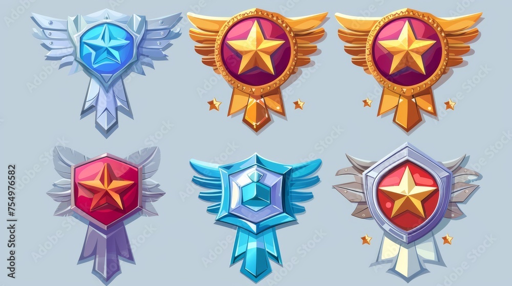 Modern illustration of a set of military game ranking badges with star ...