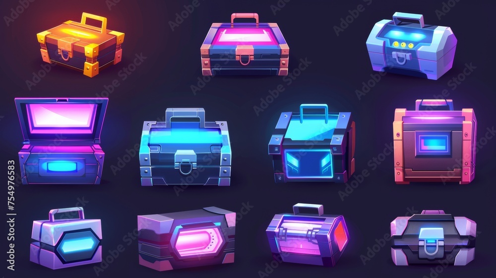 Futuristic boxes for video games, futuristic technology chests, loot ...
