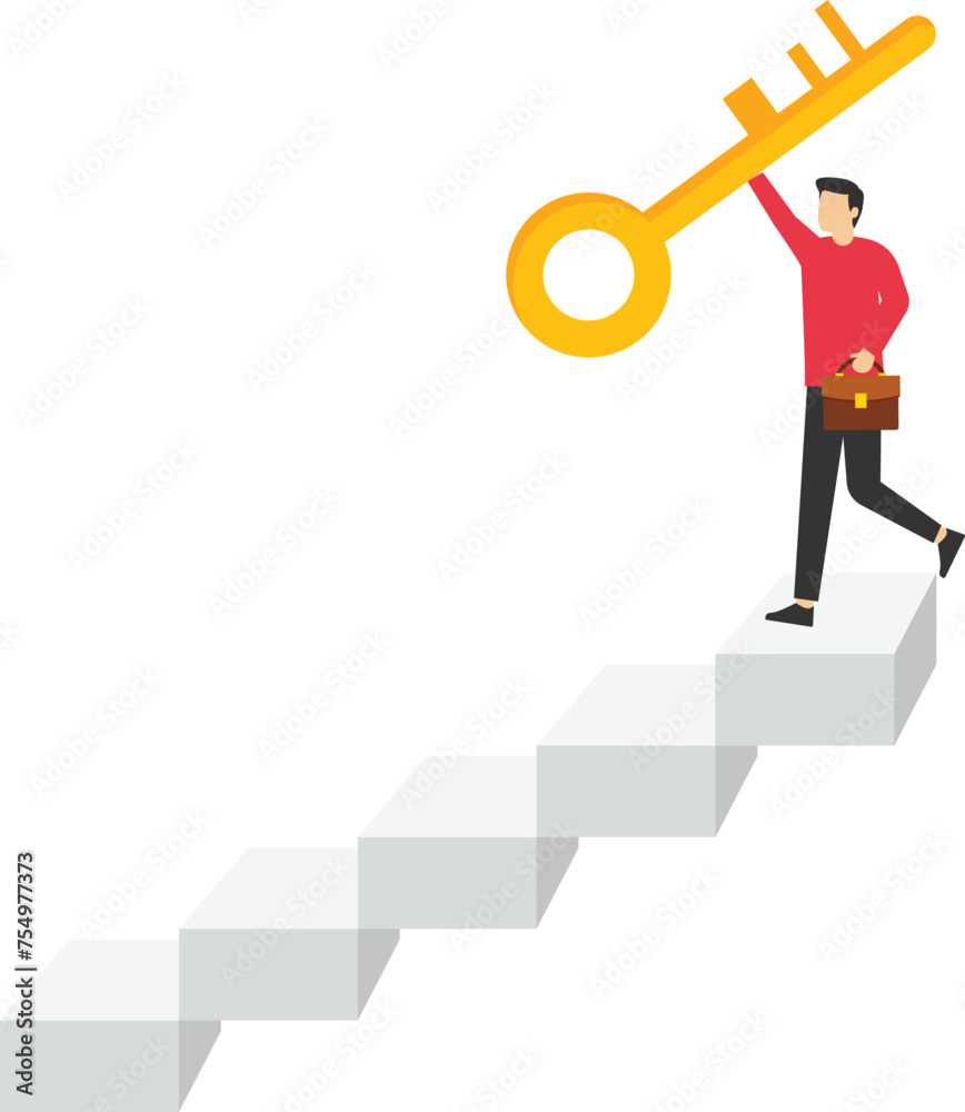 Keys to business success concept, winning businessman walking up ladder ...
