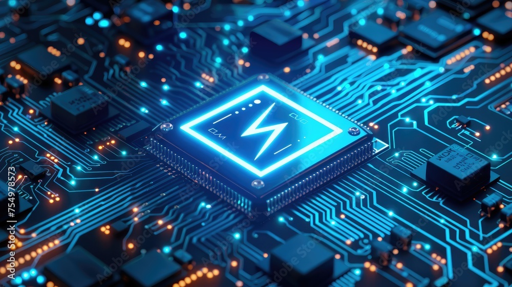 Microchip energized by a lightning bolt symbol - A detailed portrayal ...
