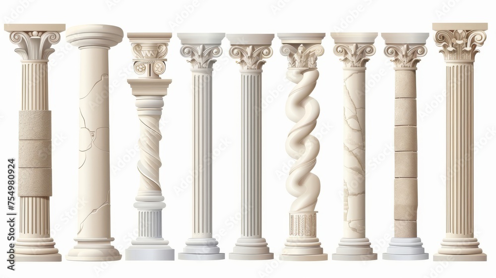 Classic stone columns of Roman or Greek architecture with twisted and ...