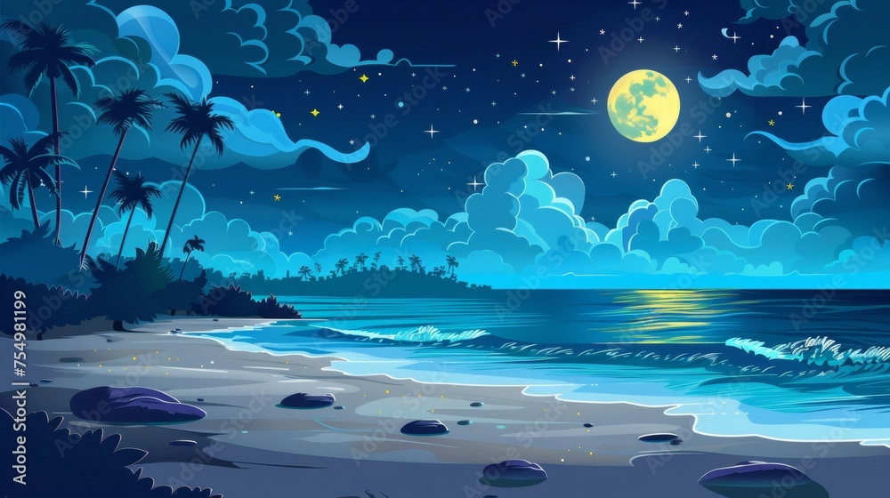 Animated seascape with tropical island with palm trees, sand beach ...