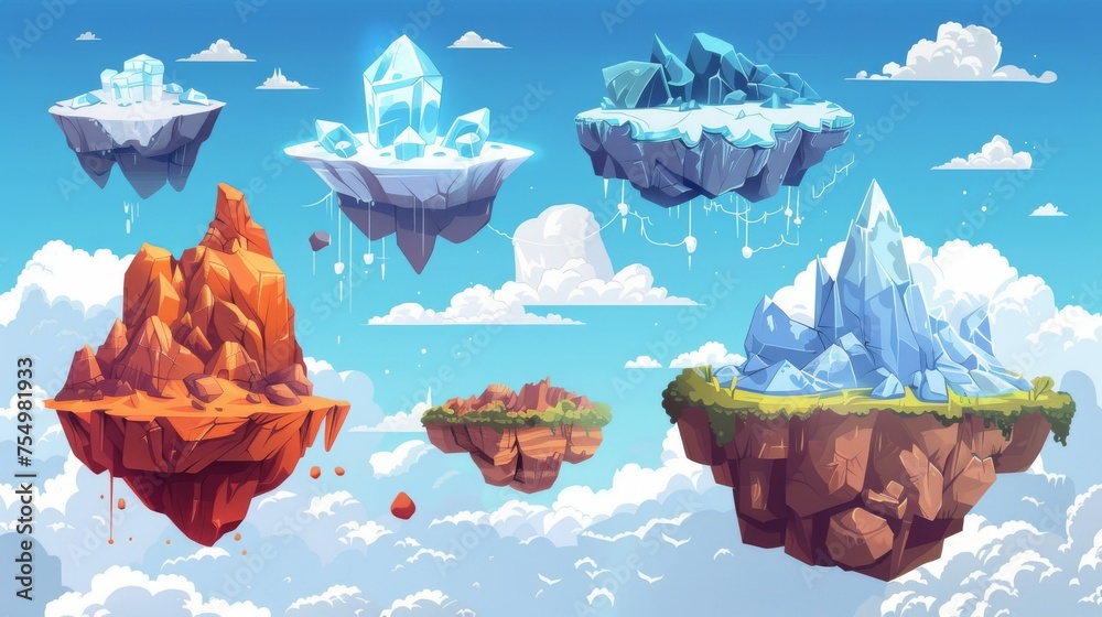 Floating islands of ice crystal or rock, volcanic landscapes in the ...