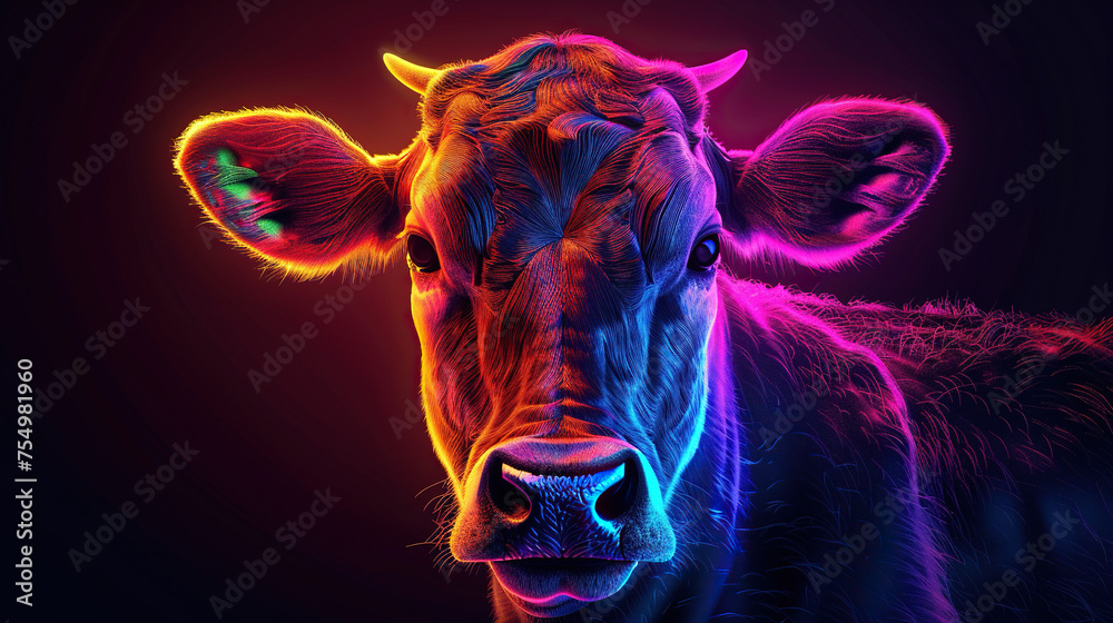glowing neon light effect head of a cow, bright advertising design ...