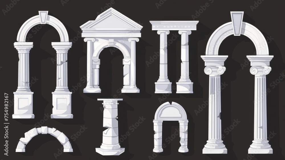 The entrance to an ancient greek or roman building with stone columns ...